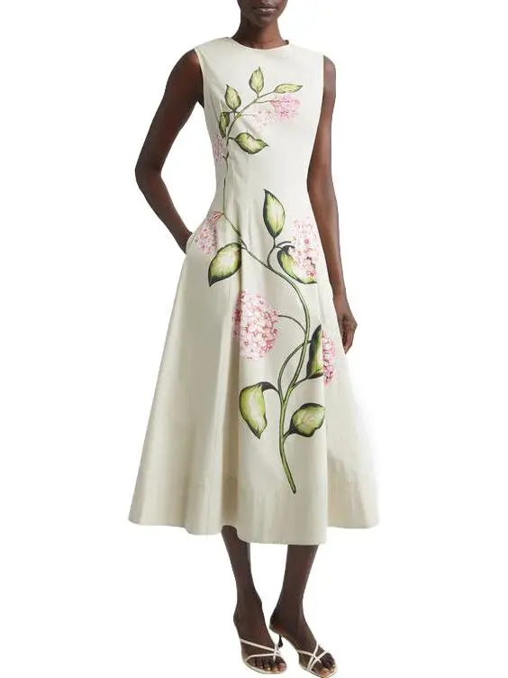 Oscar De La Renta Porcelain Flowers Stretch Cotton Poplin A-line Dress - Pink/oatmeal