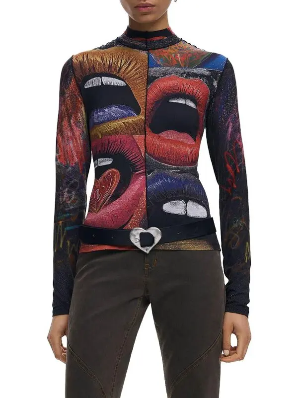 Desigual Lip Print Long-sleeve Top - Black