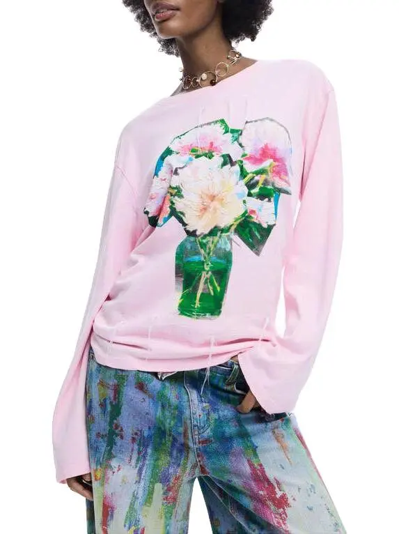 Desigual Floral Graphic Long Sleeve T-shirt - Pink