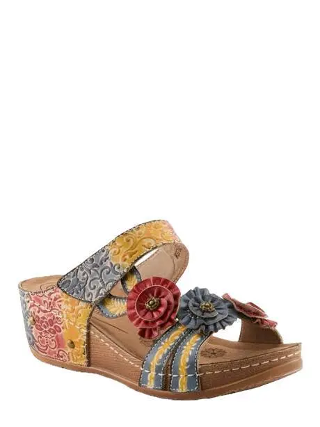 SPRING STEP SHOES Floral Appliqué Wedge Sandals - Blue Multi