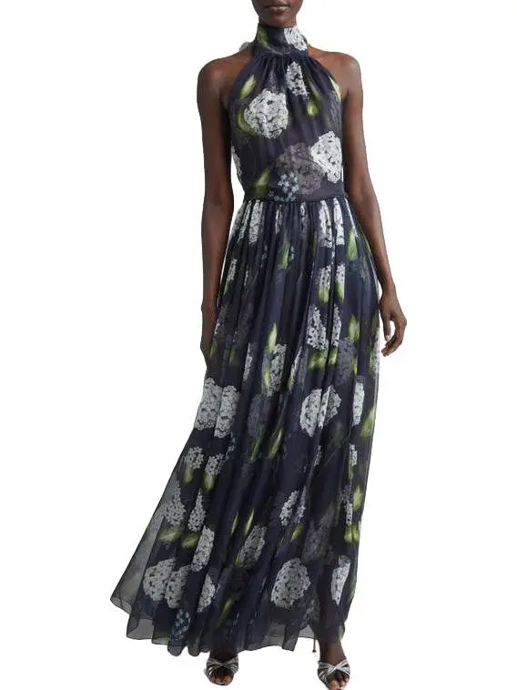 Oscar De La Renta Porcelain Flowers Pleated Gown - Denim/navy