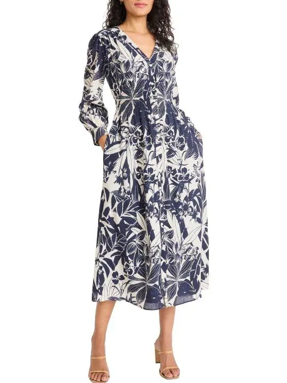 Maggy London Long Sleeve Button-up Midi Dress - Navy/ivory