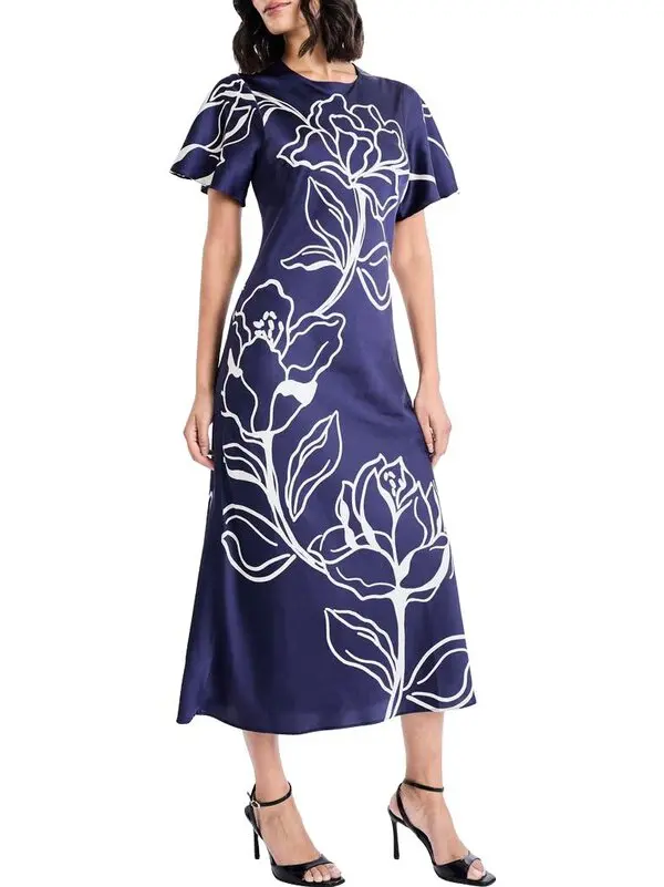 Maggy London Floral Short Sleeve Midi Dress - Navy/ivory