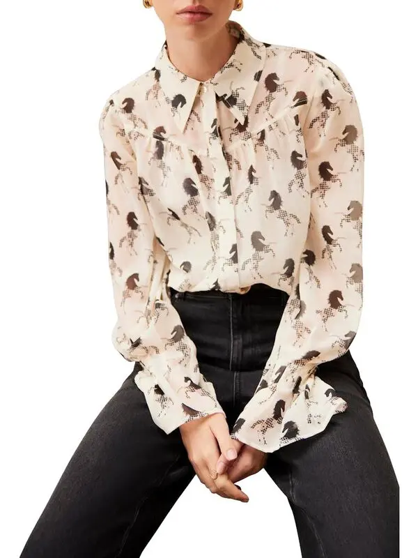 Mint Velvet Horse Print Sheer Blouse - Cream