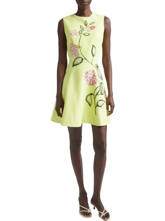 Oscar De La Renta Porcelain Flowers Wool Blend Stretch Crepe Fit & Flare Minidress - Pink/pear