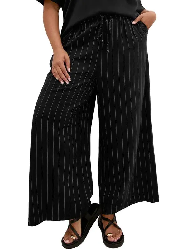 City Chic Kelly Pinstripe Wide Leg Pants - Black Pinstripe