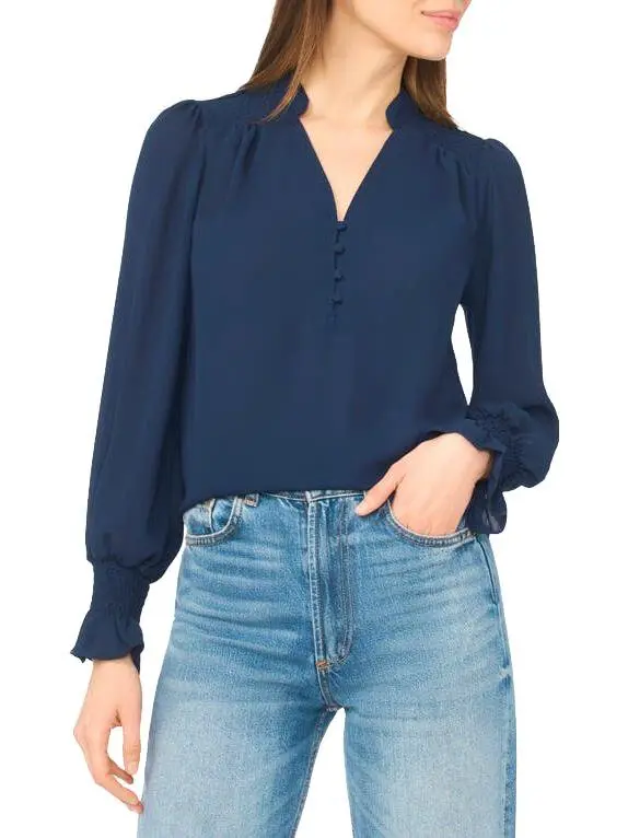 CECE DUPRAZ Half Placket Smocked Accent Top - Classic Navy