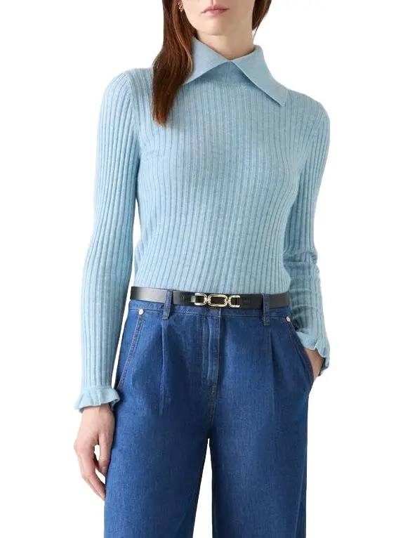 LK BENNETT Cora Collared Ribbed Sweater - Blue