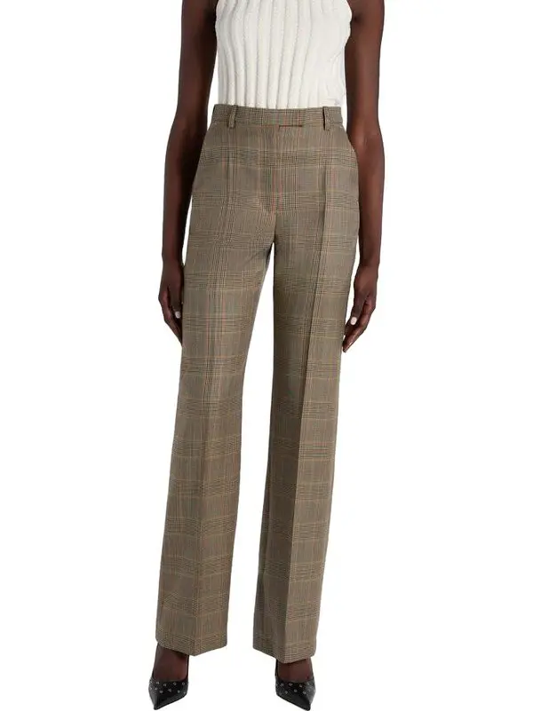 Alexander McQueen Country Glen Plaid High Waist Wool Straight Leg Pants - Off White Multi