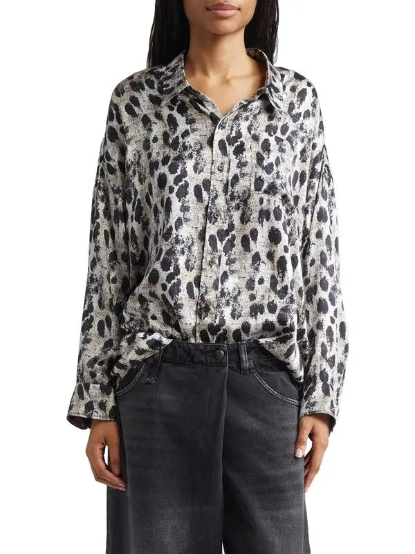 R13 Leopard Print Silk Button-up Shirt - Black Silver Leopard