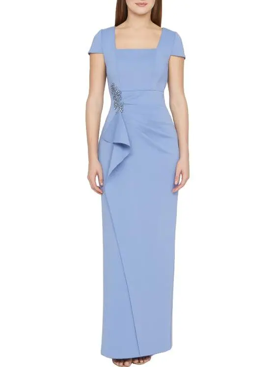 Js Collections Matilda Bead Detail Cascade Ruffle Gown - Manor Blue