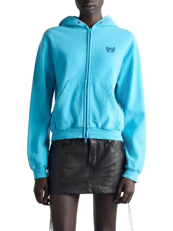 Balenciaga Laurel Embroidered Full Zip Fleece Hoodie - Azure/navy