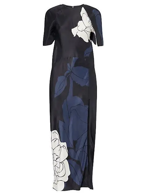 Victoria Beckham Floral Split-hem Satin Midi Dress - Dark Navy Pale Rose