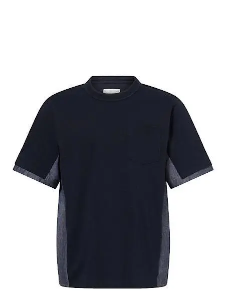 Sacai Denim-panel Crewneck Cotton-jersey T-shirt - Navy X Blue