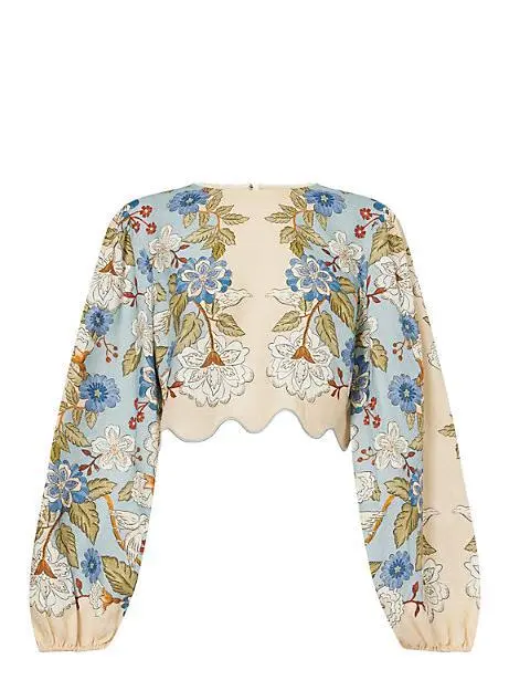 Farm Rio Garden-print Cropped Linen Blouse - Garden Scarf Blue