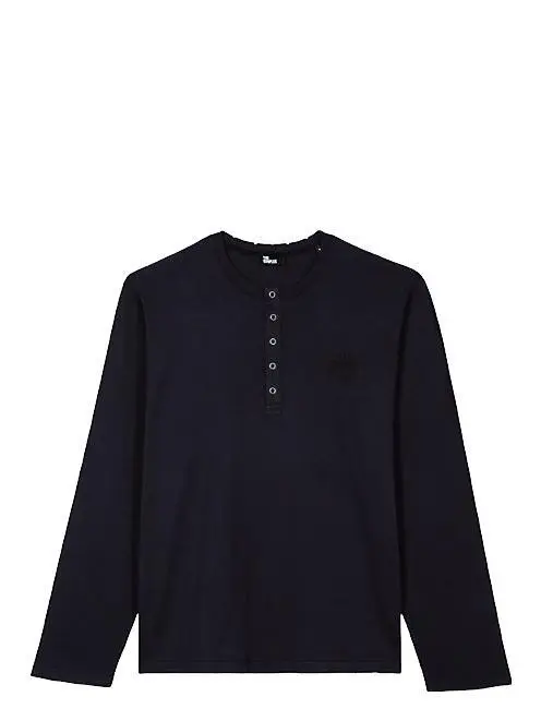 The Kooples Logo-embroidered Long-sleeve Cotton T-shirt - Dark Navy