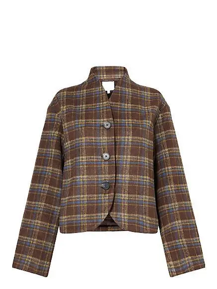 REFORMATION Owen Collarless Woven Jacket - Brown Plaid