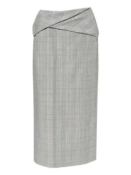 Victoria Beckham Checked Wool Midi Skirt With Wrap Waist - Blue Grey Multi