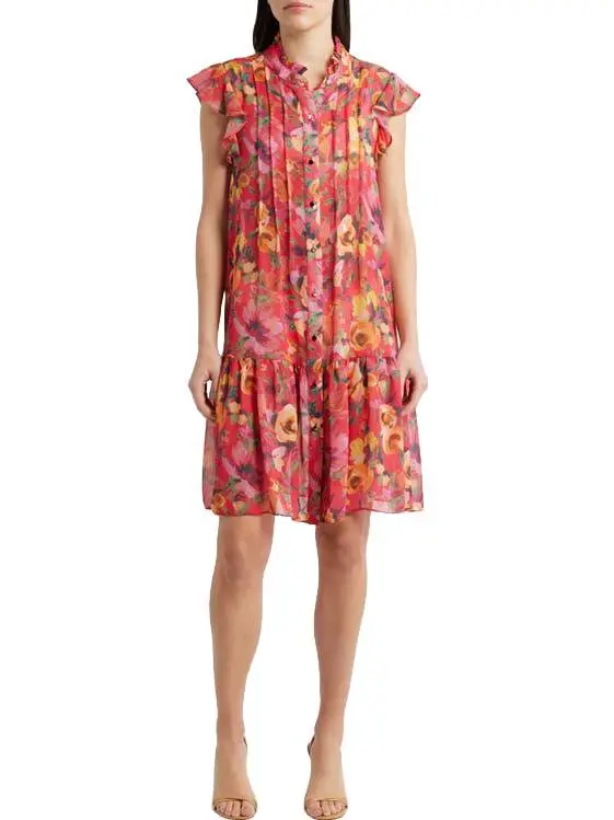 Julia Jordan Floral Print Pleated Ruffle Hem Dress - Red Multi