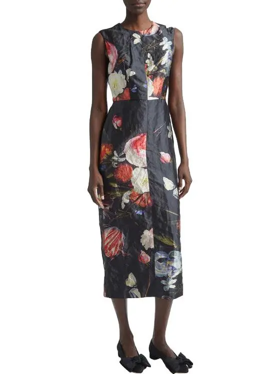 Erdem Floral Painting Crushed Metallic Satin Cocktail Dress - Dutch Flower Painting Black