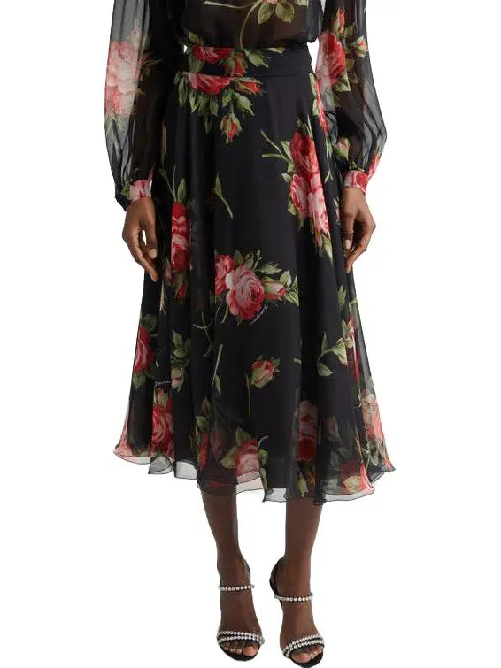 Dolce & Gabbana Rose Bouquet Silk Chiffon A-line Midi Skirt - Bouquet Rose F.nero