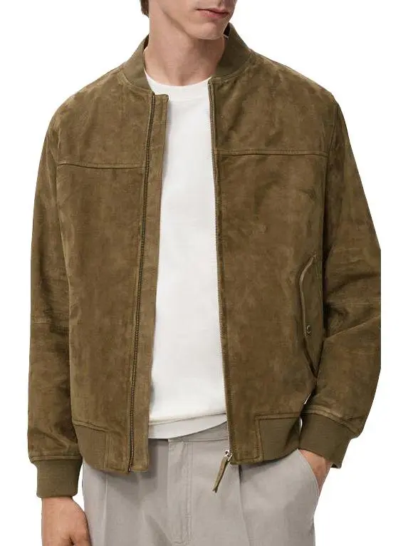 Mango Goatskin Suede Bomber Jacket - Khaki