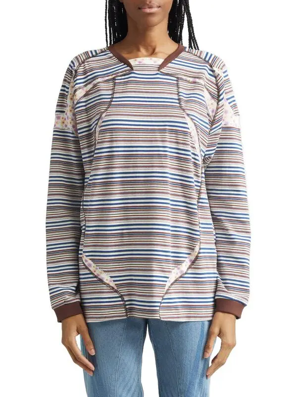 PAOLINA RUSSO Floral Stripe Raglan Sleeve T-shirt - White And Brown Stripes