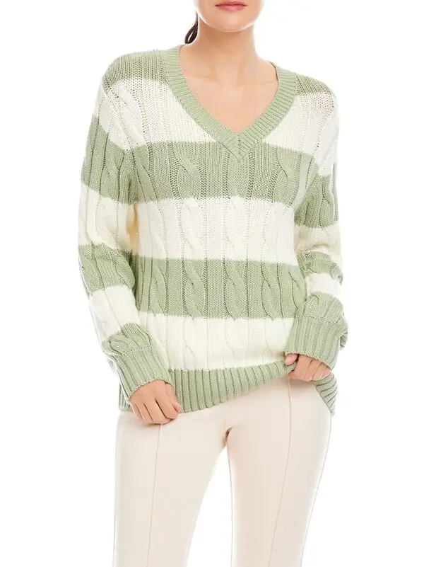 Fifteen Twenty Avalee Stripe Cable Knit Sweater - Sage/cream
