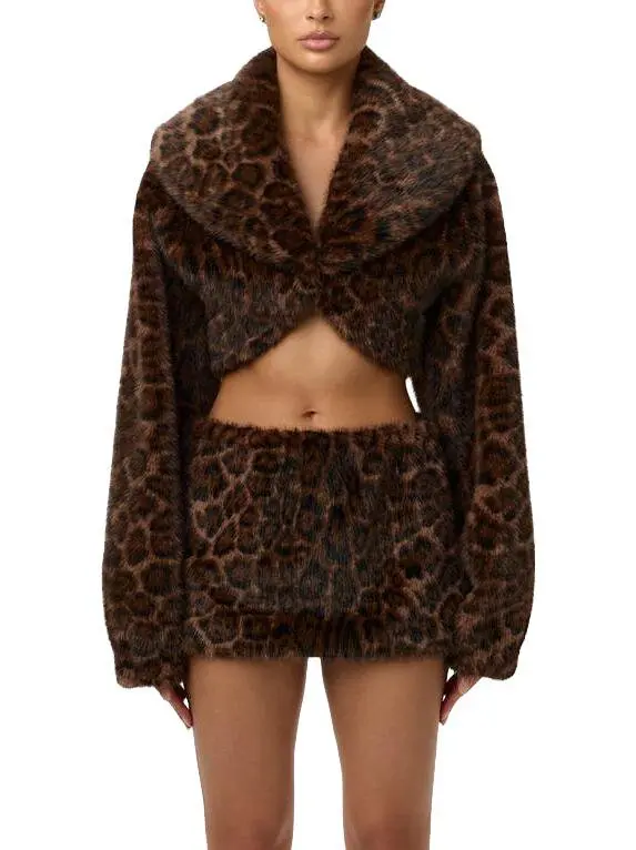 Naked Wardrobe Faux Fur Animal Print Shrug - Dark Leopard