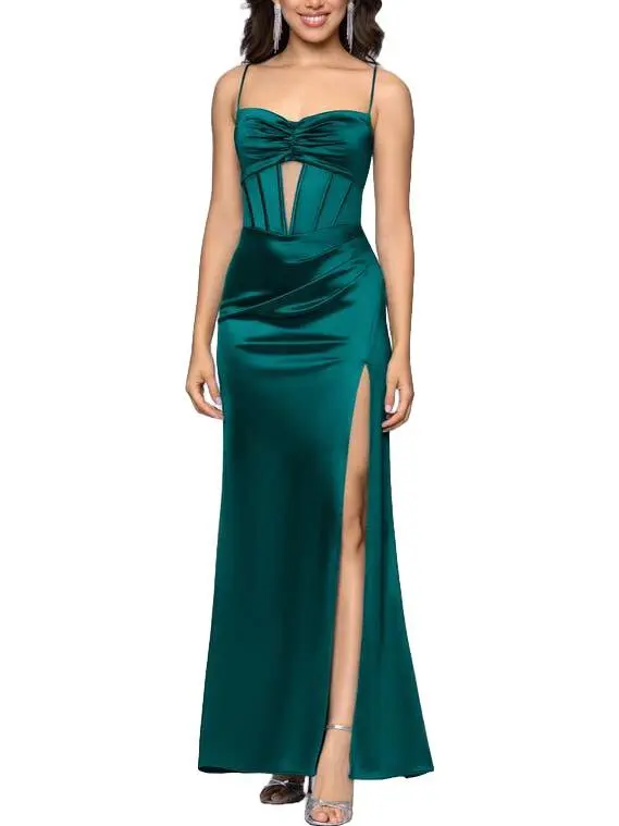 BLONDIE NITES Corset Satin Column Gown - Teal