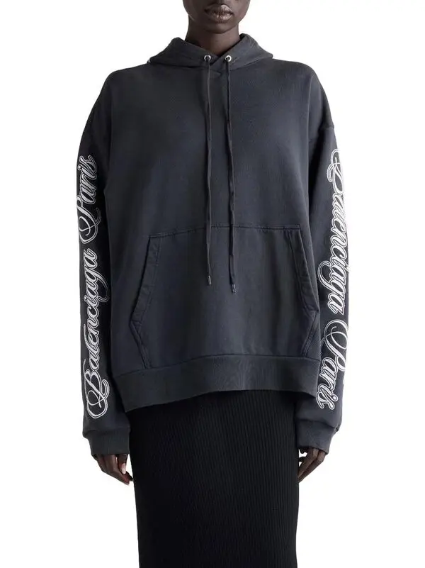 Balenciaga Oversized Cotton Logo Hoodie - 6552 Washed Black 2/white