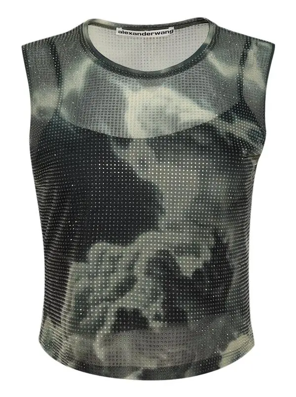 Alexander Wang Crystal Hotfix Organza Jersey Tank Top - Black