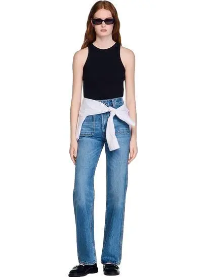 Sandro Ribbed Cotton Vest Top With Embroidered Detail - Black