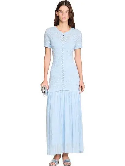 Sandro Textured Knit Maxi Dress With Pearl Embellishments - Blue