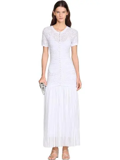 Sandro Textured Knit Maxi Dress With Pearl Embellishments - White