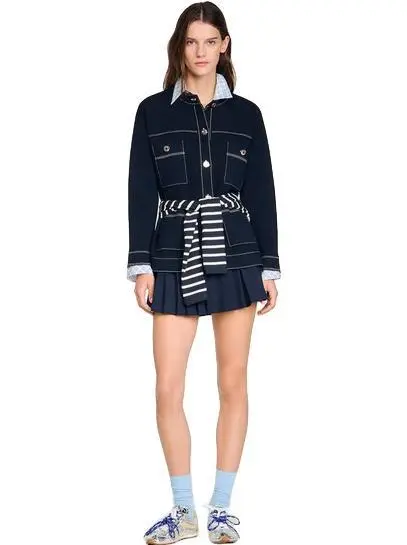 Sandro Contrast Stitch Cardigan - Blue / Navy
