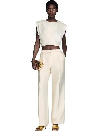 Sandro Pleated Satin Crop Top - Neutral / White