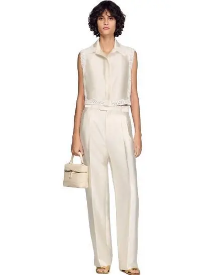 Sandro Pleated Satin Crop Top - Neutral / White
