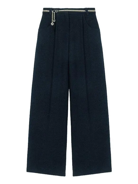 Maje Tweed Wide-leg Trousers With Chain Belt - Black