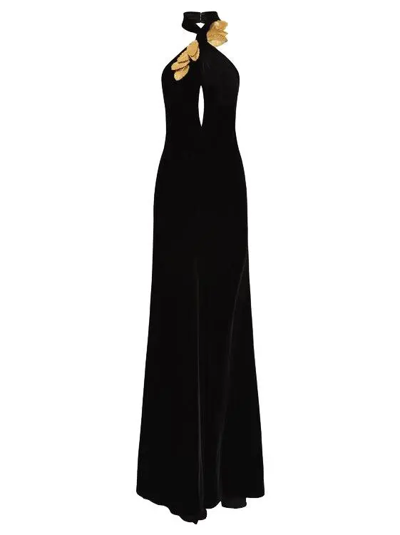 Oscar De La Renta Leaf Embroidered Velvet Gown - Gold