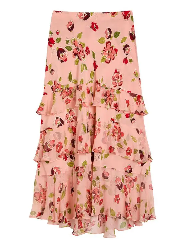 Rixo Preslee Floral Ruffled Silk-chiffon Midi Skirt - Pink