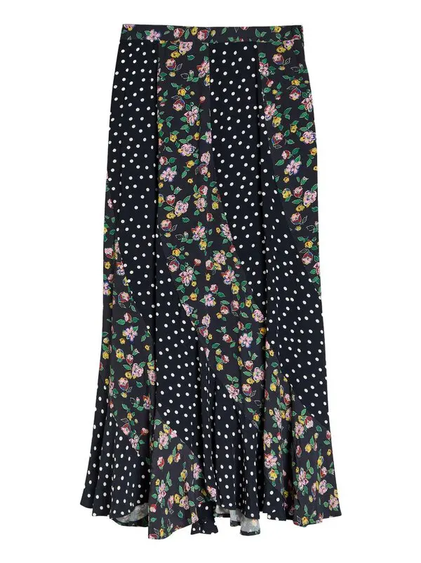 Rixo Panelled Polka Dot And Floral Midi Skirt - Black