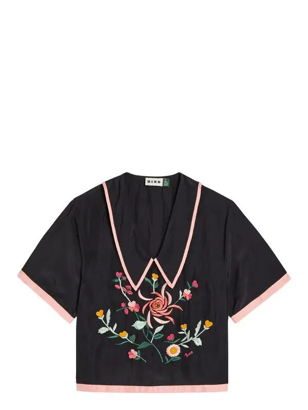 Rixo Nicolina Floral-embroidered Silk Top - Black