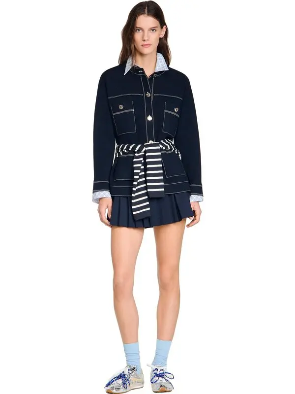 Sandro Contrast Stitch Oversized Cardigan - Navy Blue