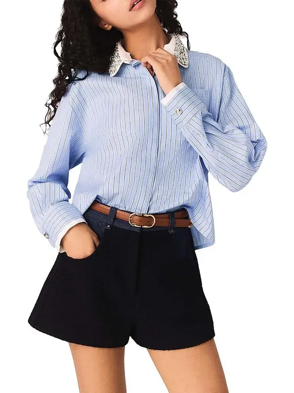 Maje Striped Shirt With Embellished Removable Collar - Blue Sky