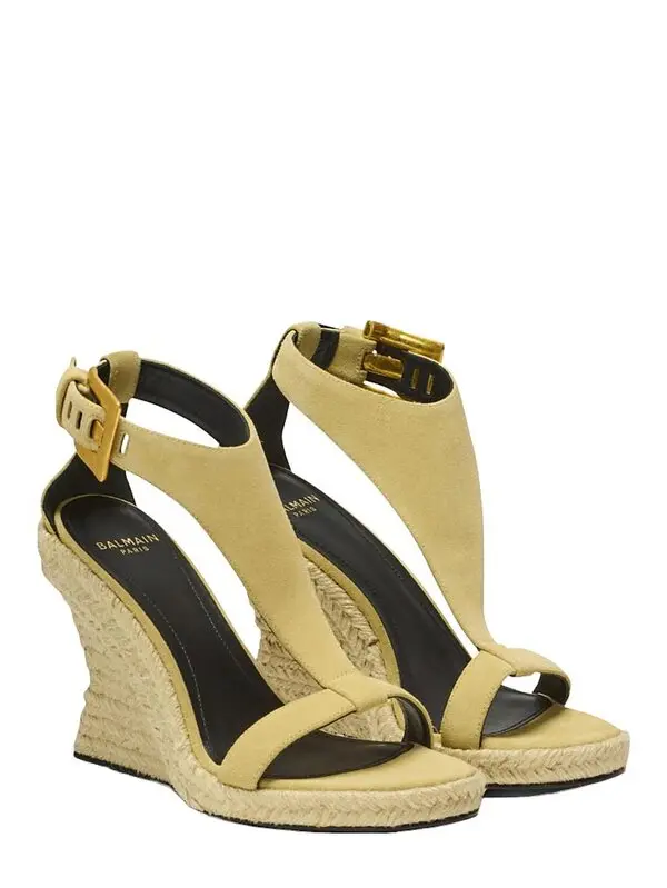 Balmain Suede Anthem Wedge Espadrilles - Beige