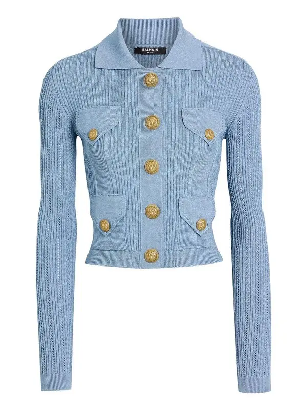 Balmain Button-embellished Pointelle-knit Cardigan - Light Blue