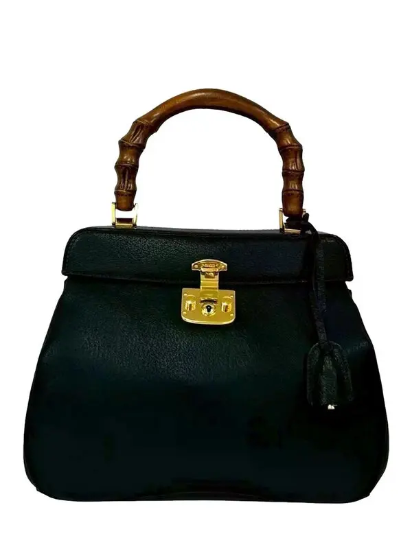 Gucci 20th Century Grained Calfskin Bamboo Lady Lock Handbag - Black