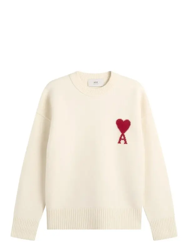 Ami Crewneck Sweater With Contrasted De Coeur - Ecru/rouge