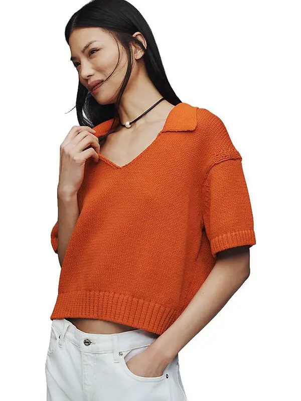 Maeve Collared V-neck Ribbed Sweater - Tomato